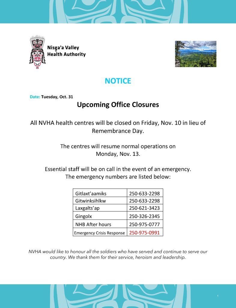 Upcoming Office Closures – Nisga'a Valley Health Authority