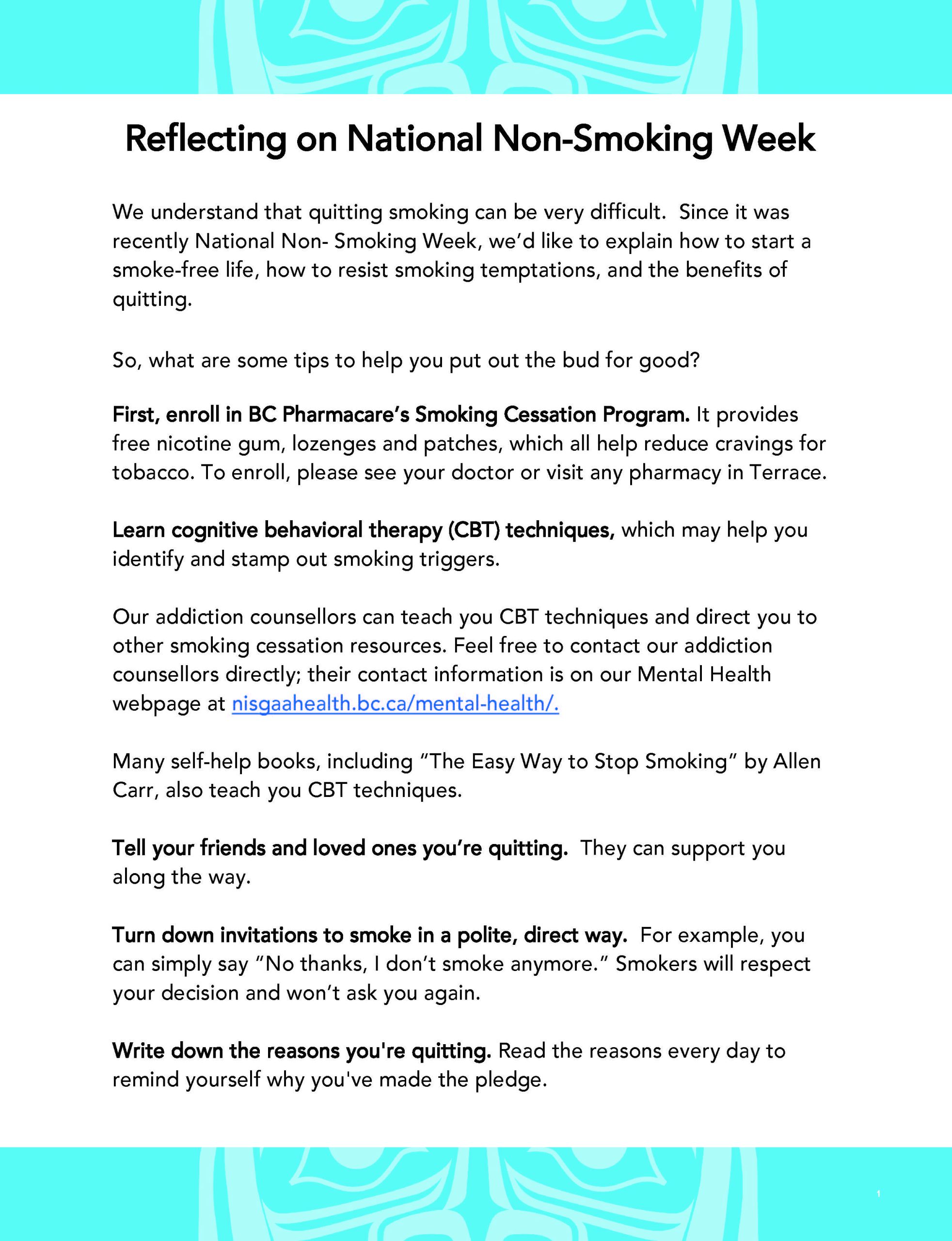 Reflecting on National Non-Smoking Week – Nisga'a Valley Health Authority